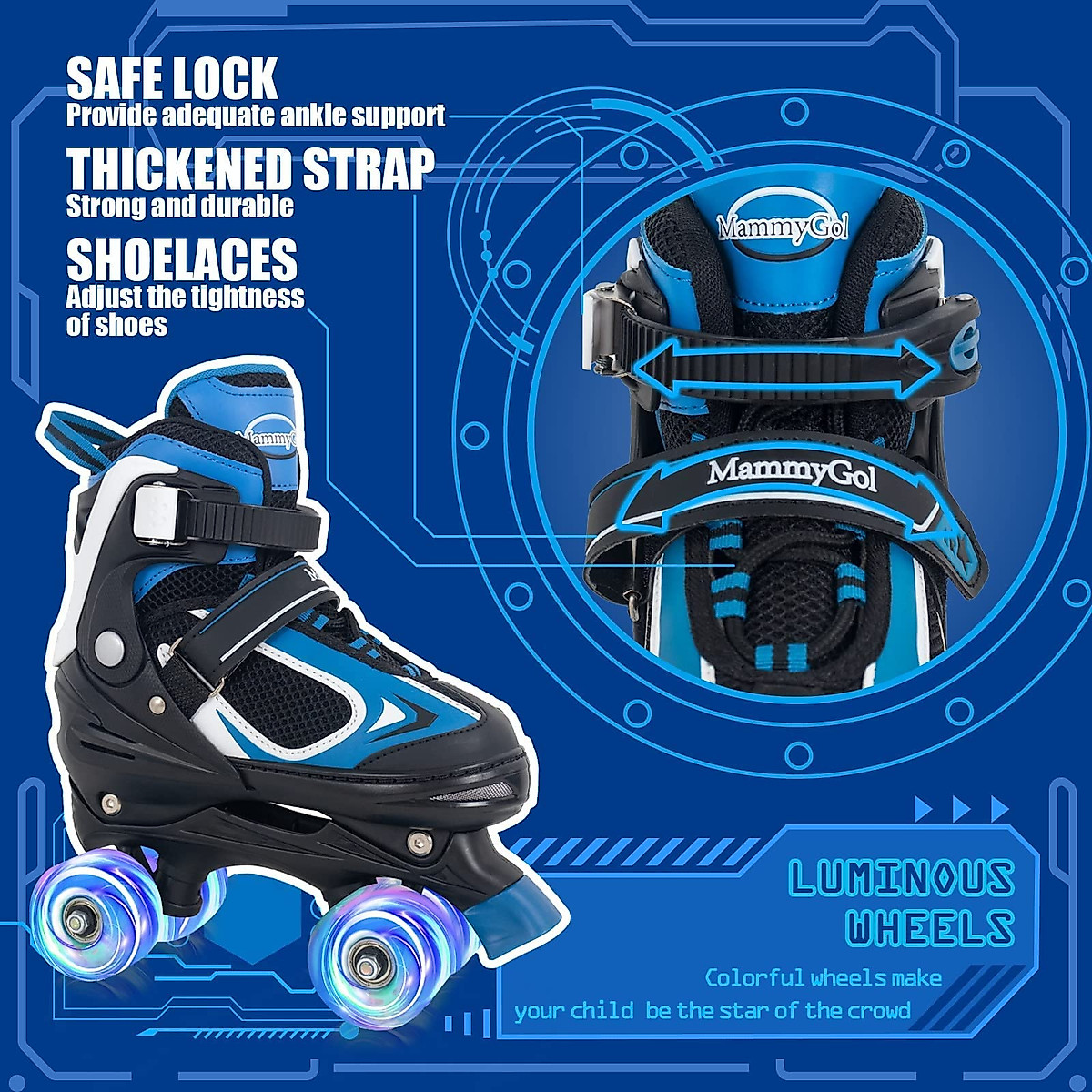 MammyGol Roller Skates for Boys Girls, 4 Sizes Adjustable Quad Skates for Kids with All Light up Wheels, Full Protection for Toddler's Indoor and Outdoor Play Blue Size 10C 11C 12C 13C