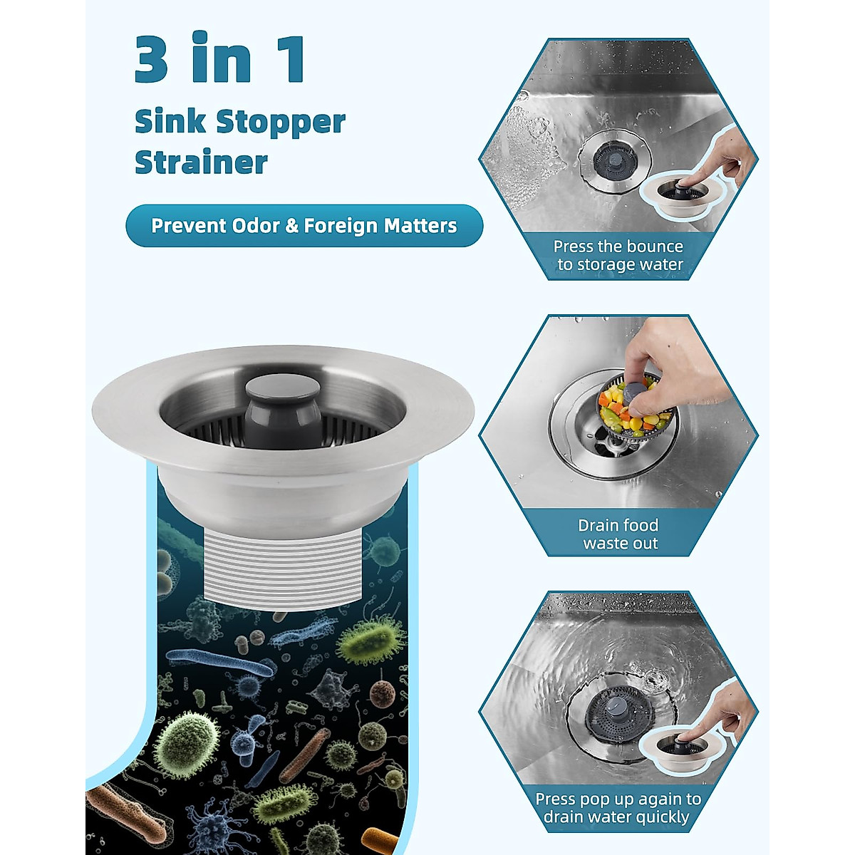 3 in 1 Universal Kitchen Sink Stopper Strainer, 304 Stainless Steel Pop Up Sink Drain Strainer with Handle Rod for US Standard 3-1/2 inch Drain Filter, Anti-Clog