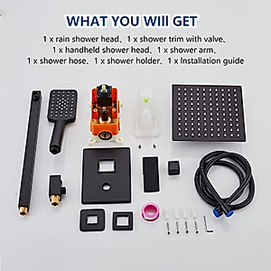 Anksaysh 8 Inch Shower System with Tub Spout, Black Shower Faucet Set for Bathroom, Square High Pressure Shower Head, 2-Setting Handheld Faucets Sets, Wall Mounted Rainfall Shower Valve Kit