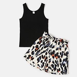 IFFEI Mommy and Me Matching Outfit Solid Splice Print Spaghetti Strap Top Shorts Set Black Womens Large