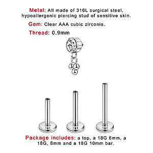 Dangle Earrings Stud Surgical Steel Silver Cartilage Earring CZ Silver Nose Stud Conch Piercing Jewelry Helix Earrings Tragus Earrings Clear CZ End with 18g 6mm 8mm 10mm Internally Threaded Posts