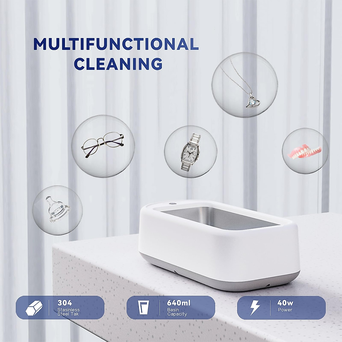 UltrasoniJewelry Cleaner, 40W 640ML Portable Household Professional Ultrasonic Eyeglasses Cleaning Machine with Timer，Ring Glasses Watches Denture Clean