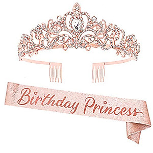 "Birthday Princess"Sash and Rhinestone Crown Set - Glitter Gold Fabric with Rose Gold Foil Letters Birthday Sash for Girl + Rhinestone Crown Set Birthday Party Gifts Birthday Party Supplies