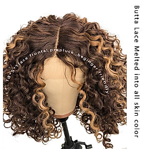 MITIMTES 16inch P4/27 Omber Honey Blonde Highlight HD Glueless Curly Lace Front Wig Pre Plucked with Babyhair Human Hair Blend Synthetic Short Curly Frontal Wig for Black Women