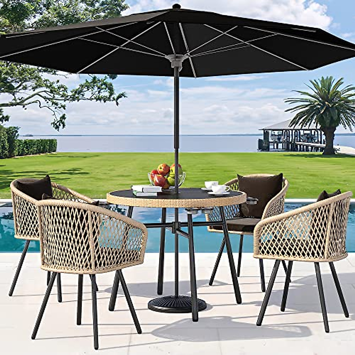 YITAHOME 5-Piece Outdoor Patio Furniture Dining Set, All-Weather Rattan Conversation Set with Soft Cushions and Glass Top Dining Table for Backyard Deck (Light Brown + Black)