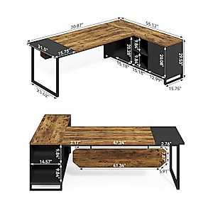 LITTLE TREE 70.8 Inches Executive Desk and 55 Inches File Cabinet Combo, Large L Shaped Computer Desk with Storage Cabinet and Shelves, Modern Business Furniture for Home Office, Rustic Brown & Black