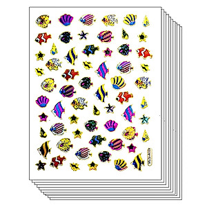 Stickers Glitter Pack 10 Sheets Tropical Fish Seashell Animal Cartoon Stickers Label for Kids and Teachers Label Art Decal Craft Scrapbook Book Album Diary Card Birthday School Supplies (11)