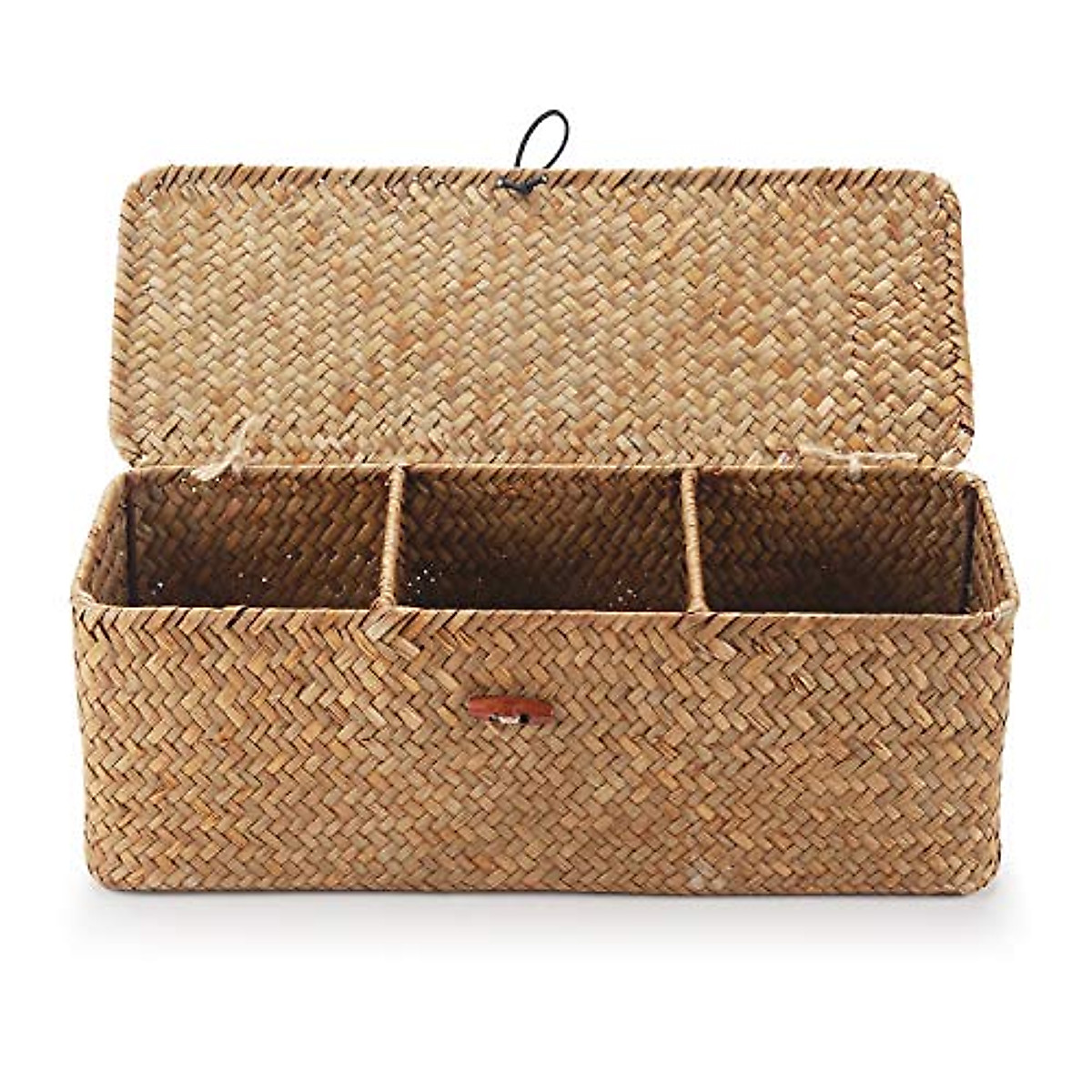 Seagrass Tank Basket with Lid Woven Toilet Roll Storage Basket with Sections Rectangular for Organize Snack Toys (Large Compartment 16.5inch L x 5.5inch W x 5.5inch H)
