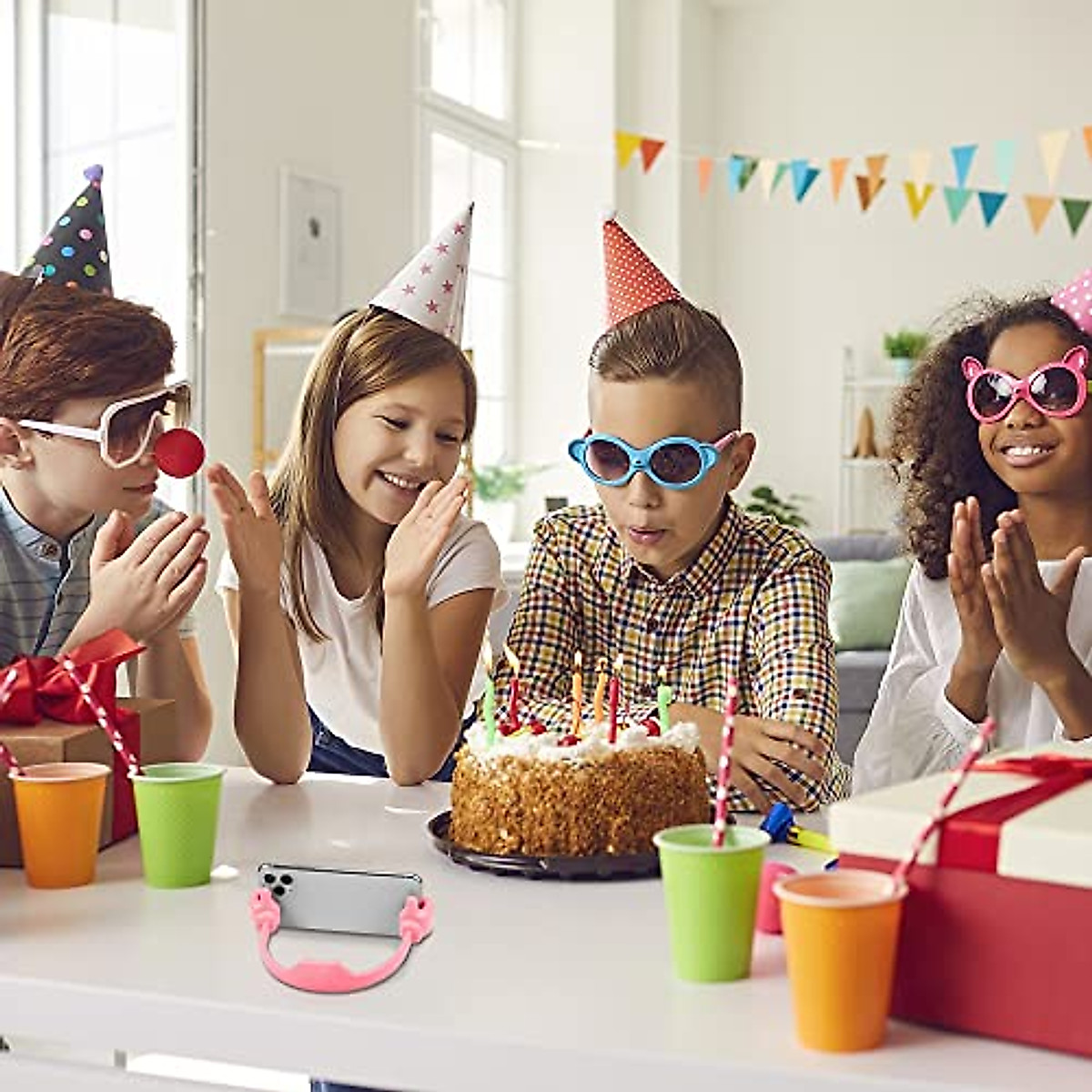 LucyPhy 2 Pack Thumbs up Cell Phone Holder, Adjustable Silicone Tablet Stand, Multi Colors Portable Desktop OK Stands Compatible for Smart Phones iPhone iPad Mini Huawei Samsung (White and Pink)