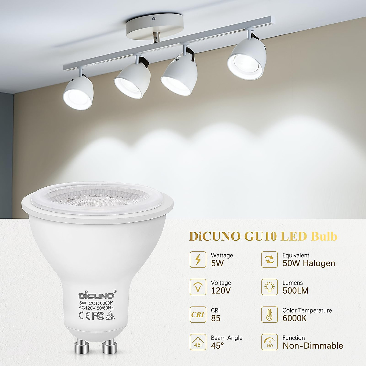 DiCUNO GU10 LED Bulbs 5W Daylight White, 6000K, 500lm, 45 Degree Beam Angle, Spotlight, 50W Halogen Bulbs Equivalent, Non-dimmable MR16 LED Light Bulbs, 6-Pack