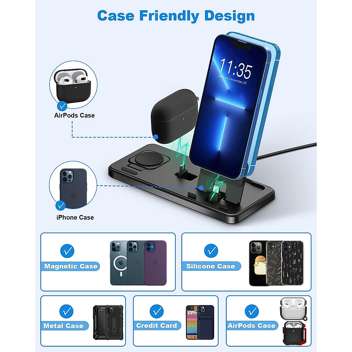 3 in 1 Charging Station for Apple Devices Foldable Charging Stand with 18W Adapter Compatible with iPhone Series AirPods Pro/3/2/1 Charging Dock for iWatch Series SE/7/6/5/4/3/2/1
