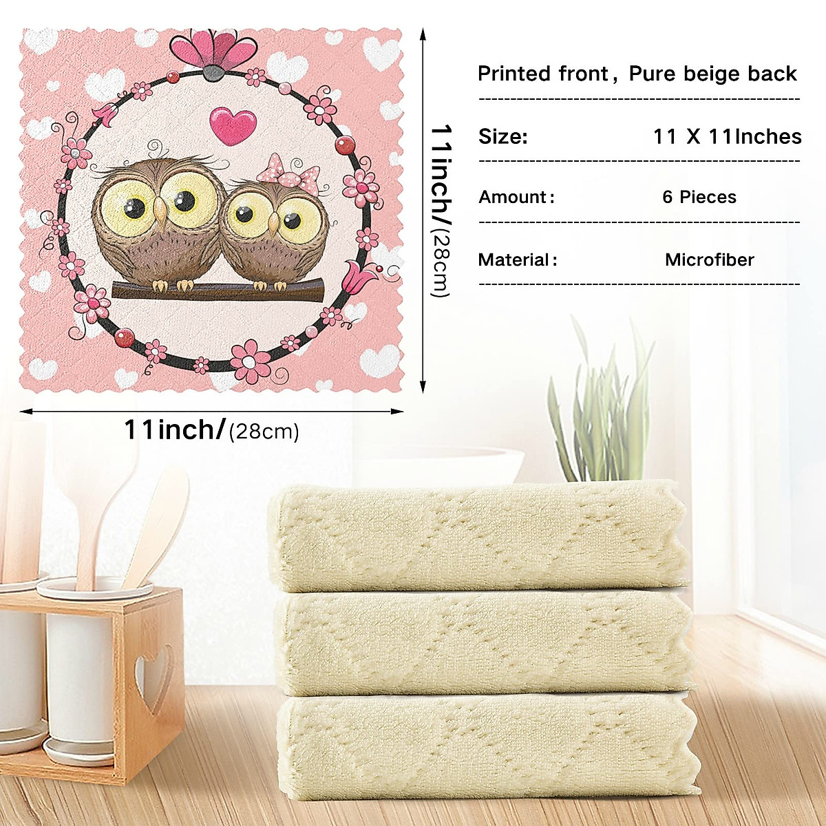 VIGTRO Mother Day Pink Owls Kitchen Dish Towels Super Absorbent, Premium Dish Cloths Towels, Cute Heart Washable Fast Drying Dish Rags Reusable Cleaning Cloth 11x11 6 Pack