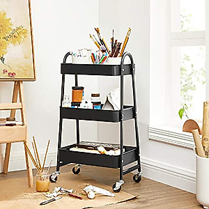 SONGMICS 3-Tier Rolling Cart, Metal Storage Cart, Kitchen Storage Trolley with 2 Brakes and Handles, Utility Cart, Easy Assembly, for Painting Utensils Bedroom Laundry Room, Black UBSC068B01