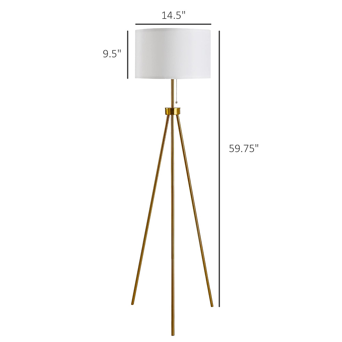 HOMCOM 59.75" Tripod Floor Lamp with Pull Chain Standing, Fabric Lampshade E26 Lamp Holder Steel for Living Room, Bedroom, Office, Gold