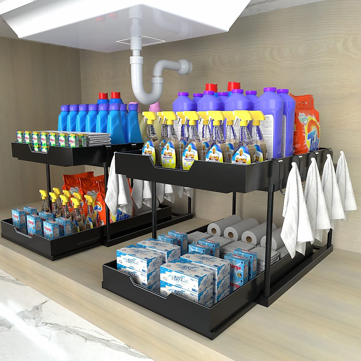 THEYFIRST 2 Pack Under Sink Organizers and Storage 2-Tier Double Sliding Pull-out Drawer, Under the Sink Organizer Kitchen Multi-purpose Under Bathroom Sink Shelf Storage Rack for Cabinet -Black