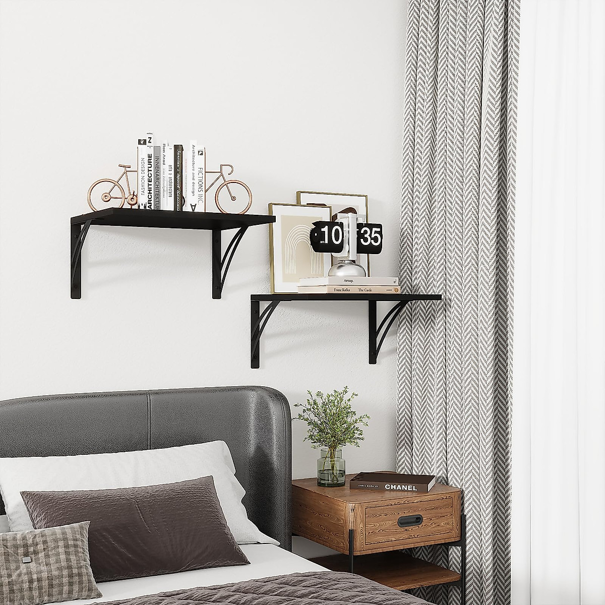 MXCSE Deep Floating Shelves, 12in Wide Floating Wall Shelves, Sturdy Engineered Wood Shelves, Wall Mounted Rustic Floating Shelves for Books, Wide Wall Shelves for Living Room, Bedroom (2, Black)