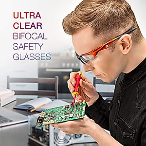 ToolFreak Rebel Bifocal Safety Glasses - Clear 2.0 - ANSI z87+ Impact Rated & U6 UV Protection - Polycarbonate & Wraparound Lenses & Anti-Slip Design - Brow Ventilation, Hard Case & Neck Cord Included