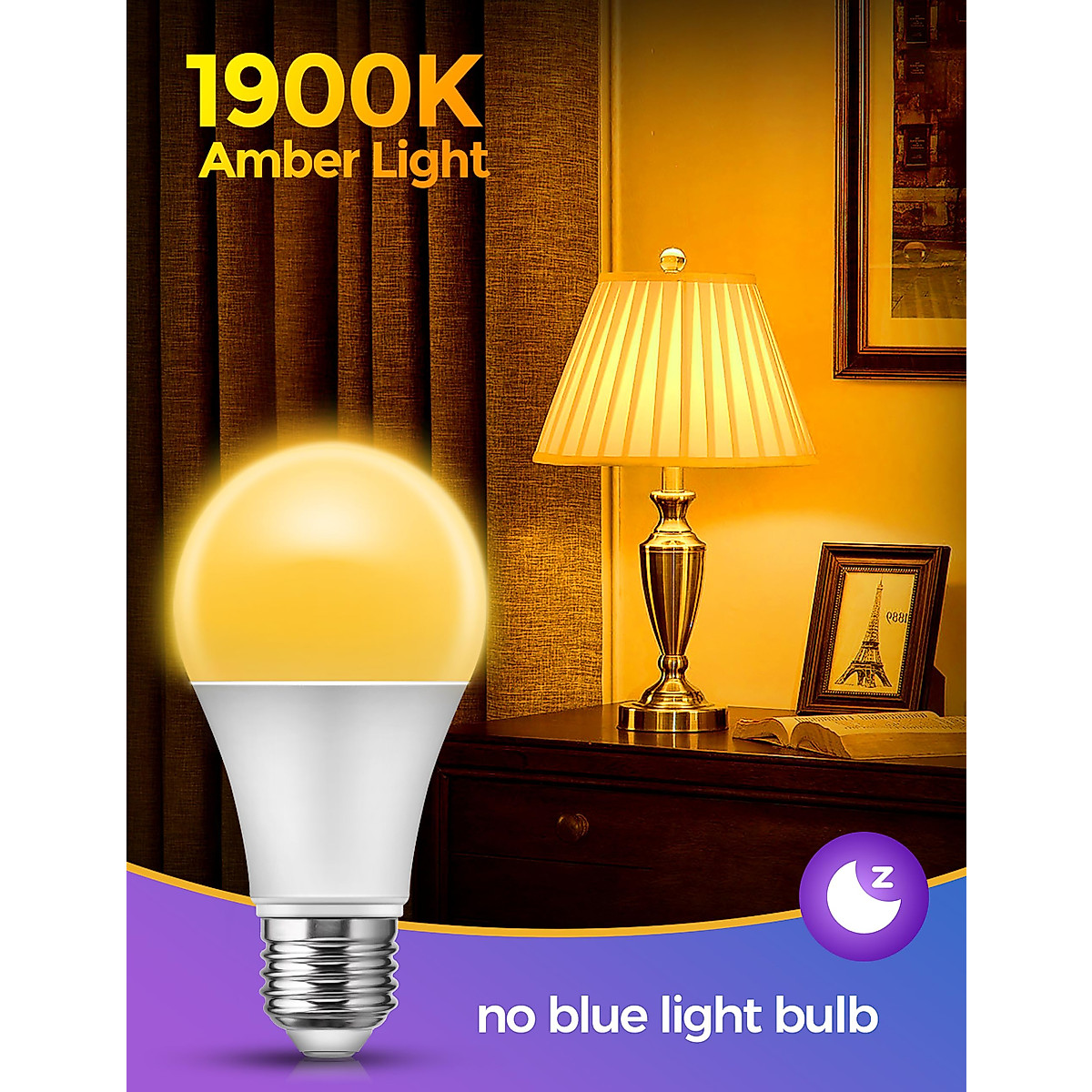 JandCase Sleep Light Bulb, Amber Light Bulbs for Sleep Therapy, Blue Light Blocking, 1900K Dim Light Bulbs 60W Equivalent, Mood Soothing Light, E26 A19 Warm Light Bulbs for Bedroom, Nursery, 2 Pack