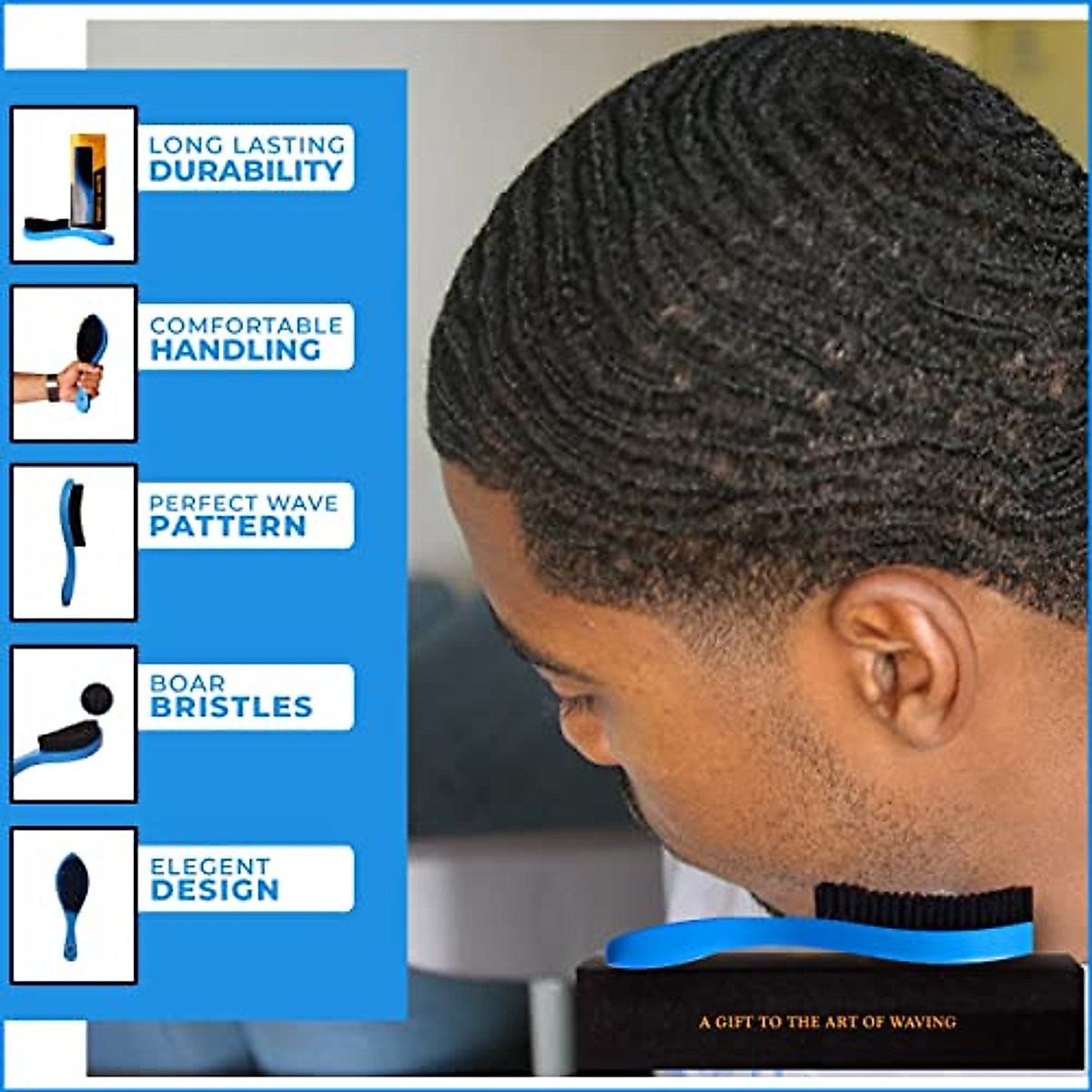 IMPERIAL MANE Medium Curved Brush for Men - 360 All-Purpose Boar Bristle Brush for Waves, Thin and Normal Hair Cultivating, Polishing (Blue)