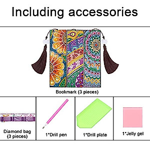 3 Pieces Diamond Painting Bookmark Diamond Tassel Beaded Painting Bookmark DIY Beaded Bookmarks Leather Tassel Bookmark for Valentine's Day Graduation Birthday Embroidery Arts Crafts