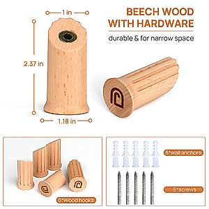jansky Wood Wall Hooks, Pack of 5, Modern Coat Hooks Wall Mounted, Decorative Hooks for Hanging Clothes, Towel, Hangers, Robe, Scarf, Hat, Bag (Beech Wood)