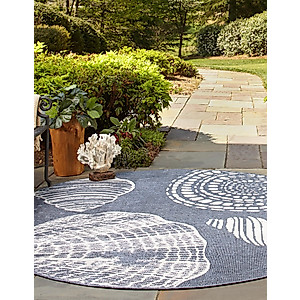 Unique Loom Outdoor Coastal Collection Area Rug - Bodrum (7' 1" Round, Navy Blue/ Ivory)