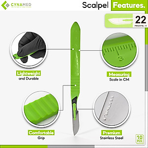 CYNAMED # 22 Disposable Scalpel with Plastic Handle - Sterile Single Blade Razor for Dermaplaning, Dissection, Podiatry, Professional Grooming, Acne Removal - Surgical Stainless Steel Tool - Box of 10