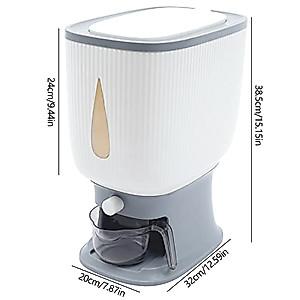 Qiveno Upgrade Rice Dispenser 20 Lbs, Large Food Storage Container with Rice Cup, Droplet Shape Transparent Visible Grain Storage Box with Lid for Storage Rice and Cereal Dispenser(Grey)