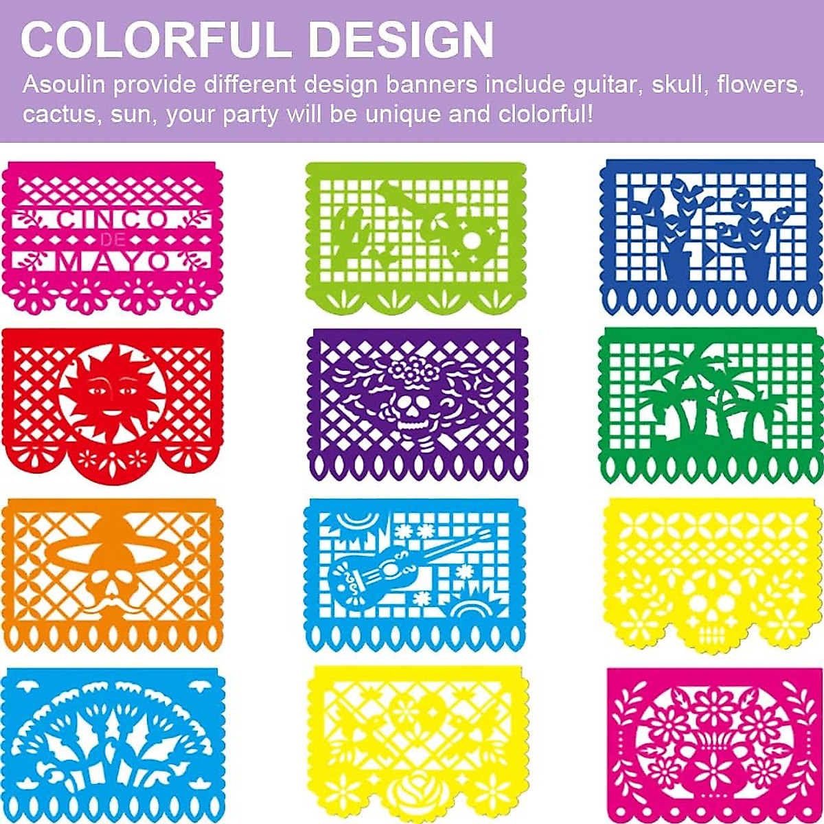 Asoulin 5 PCS Mexican Party Banners, Cinco De Mayo Mexico Decor, Fiesta Party Decoration, Easter Decor, Plastic Papel Picado, Dia De Los Muertos, Day of The Dead Decoration, 12 Patterns/90 Feet Total