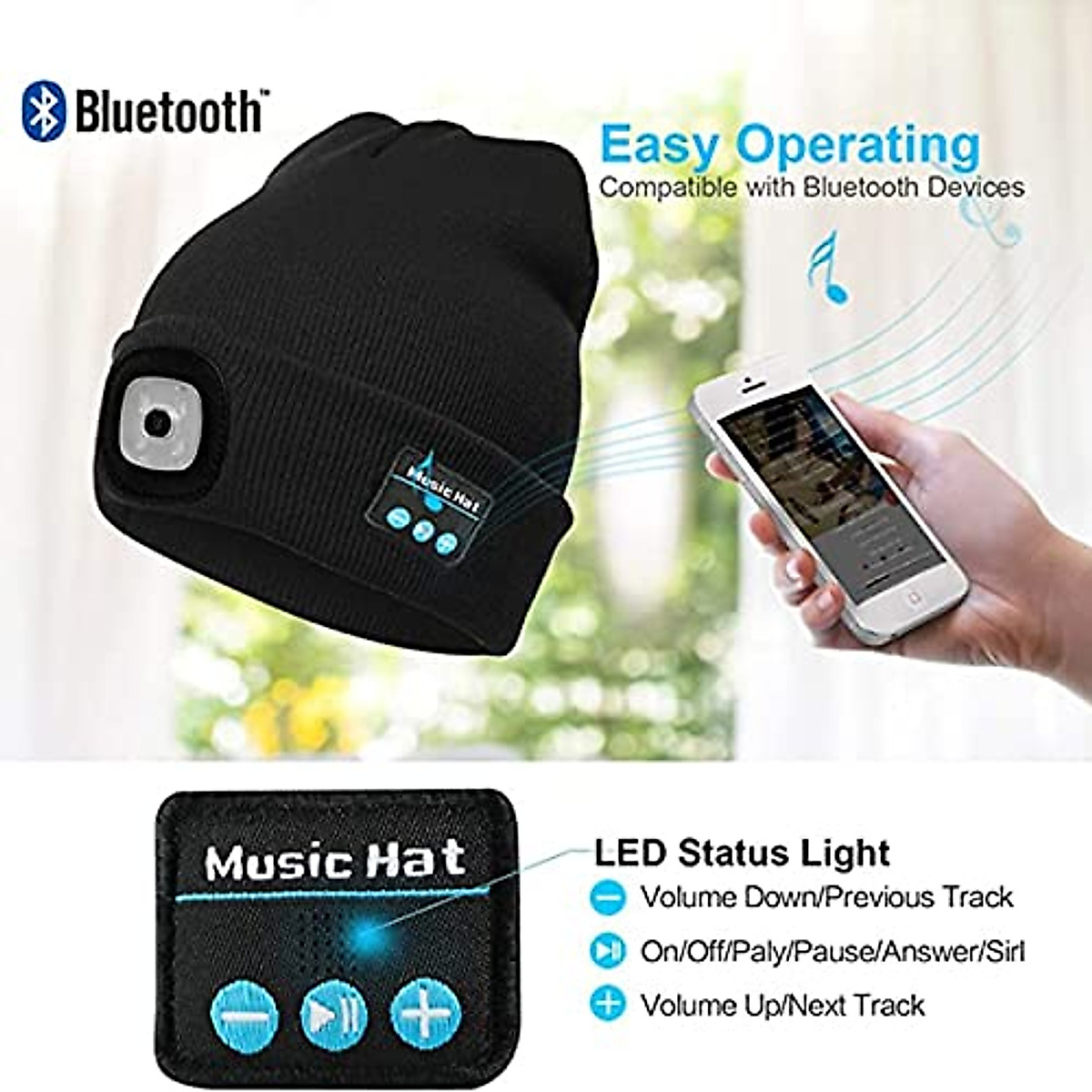 Bluetooth Beanie Hat with Light, Unisex USB Rechargeable LED Headlamp Cap with Headphones, Built-in Speakers & Mic Winter Knitted Night Lighted Music Hat, Gifts for Men Him Husband Men and women