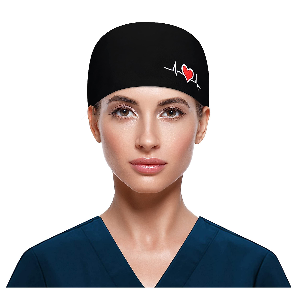 Fesciory Adjustable Working Caps with Button & Sweatband, Elastic Bandage Tie Back Hats for Women(Heart Ecg)