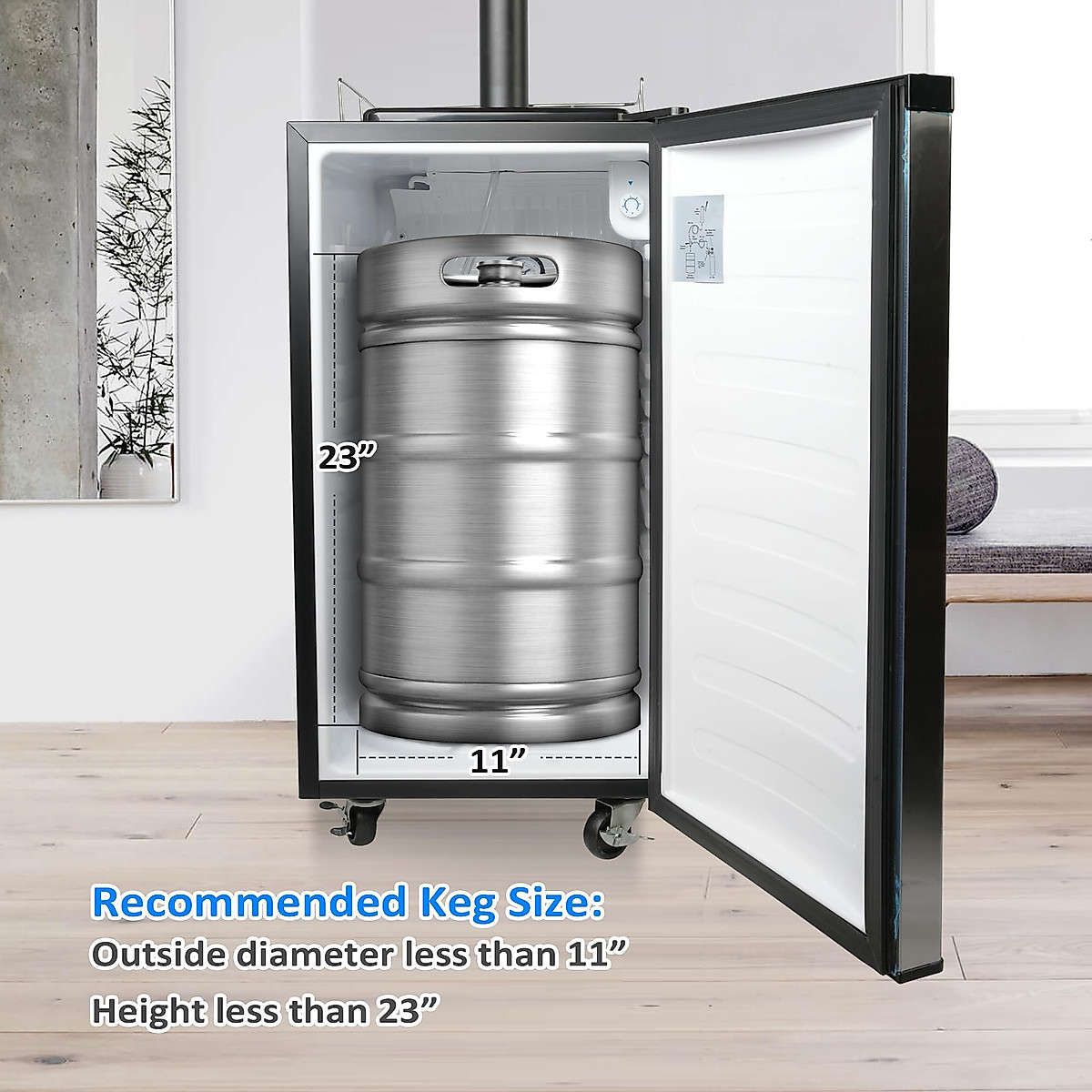 Keg Beer Cooler - 3.4 Cu.Ft. Capacity Kegerator w/ 4 Casters, CO2 Cylinder, Temperature Control - Black & Stainless Steel Finish