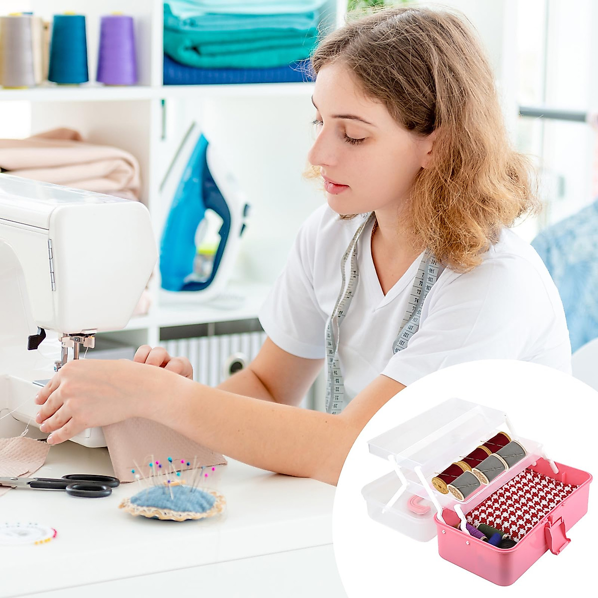 Akamino 2 Pcs Multipurpose Storage Box with Handle,3-layer Plastic Sewing, Art & Craft Case,11 In Portable Locking Tool Container Tackle Box for Cosmetic Medicine Jewelry Hair Accessories(Pink)