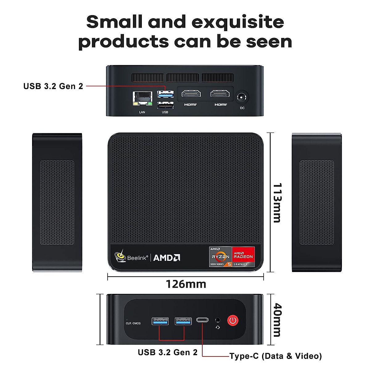 Beelink SER5 AMD Mini PC, Ryzen 5 5560U (Up to 4.0 GHz) 6 Cores Mini Computer, 16GB RAM +500GB SSD Micro Desktop, Small PC 4K Triple Displays, WiFi 6+BT5.2, USB3.2 Gen 2, for Home, Office