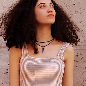 Aobei Pearl 5PCS Hexagonal Gemstone Pointed Reiki Chakra Pendant Necklace Genuine Leather Choker for Women 14''