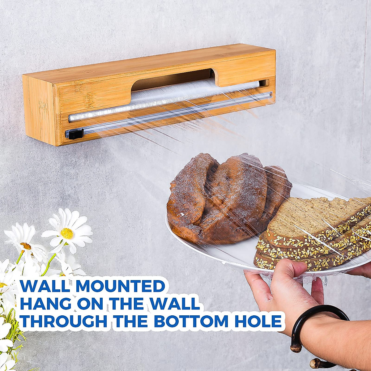 PrinMobel Plastic Wrap Dispenser with Cutter, Aluminum Foil, Parchment Paper, Wax Paper and Tin Foil Dispenser with Cutter for Kitchen Drawer or Wall Mount, Bamboo Roll Organizer Holder - 12" Roll