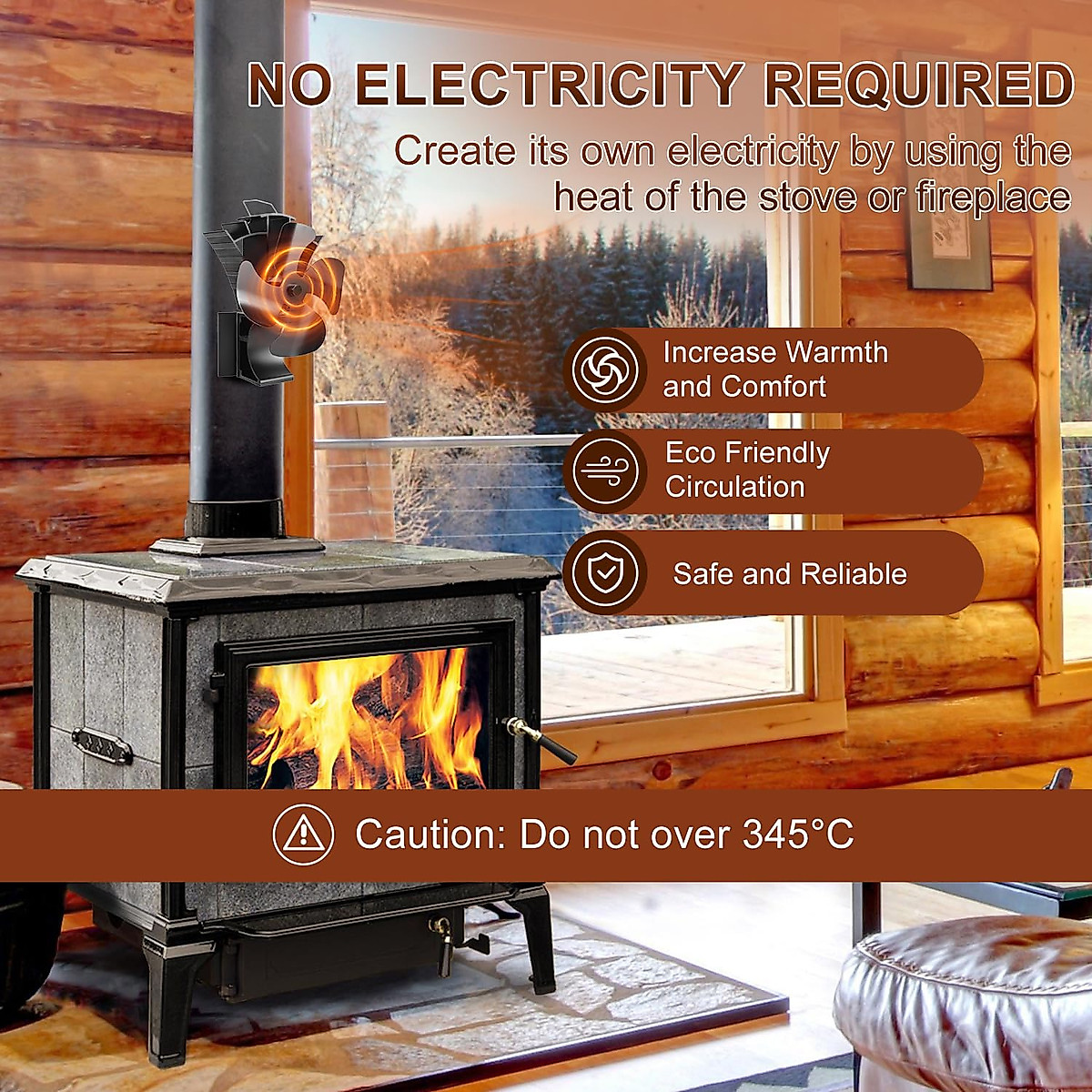 VODA Stove Fan 5 Blades for Wood Stove/Fireplace/Flue Pipe - Magnetic Installation, No Power Required - High Efficiency, Low Noise, Durable - Include 1 Spare Ring