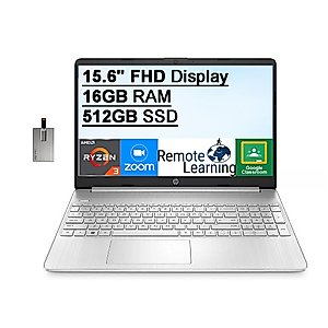 HP 2021 15.6" FHD Display Laptop Computer, AMD Ryzen 3-3250U Processor(Beats Intel i5-1035G1), 16GB DDR4 RAM, 512GB SSD, AMD Radeon Graphics, HD Webcam, HDMI, Win 10S, Silver, 32GB SnowBell USB Card