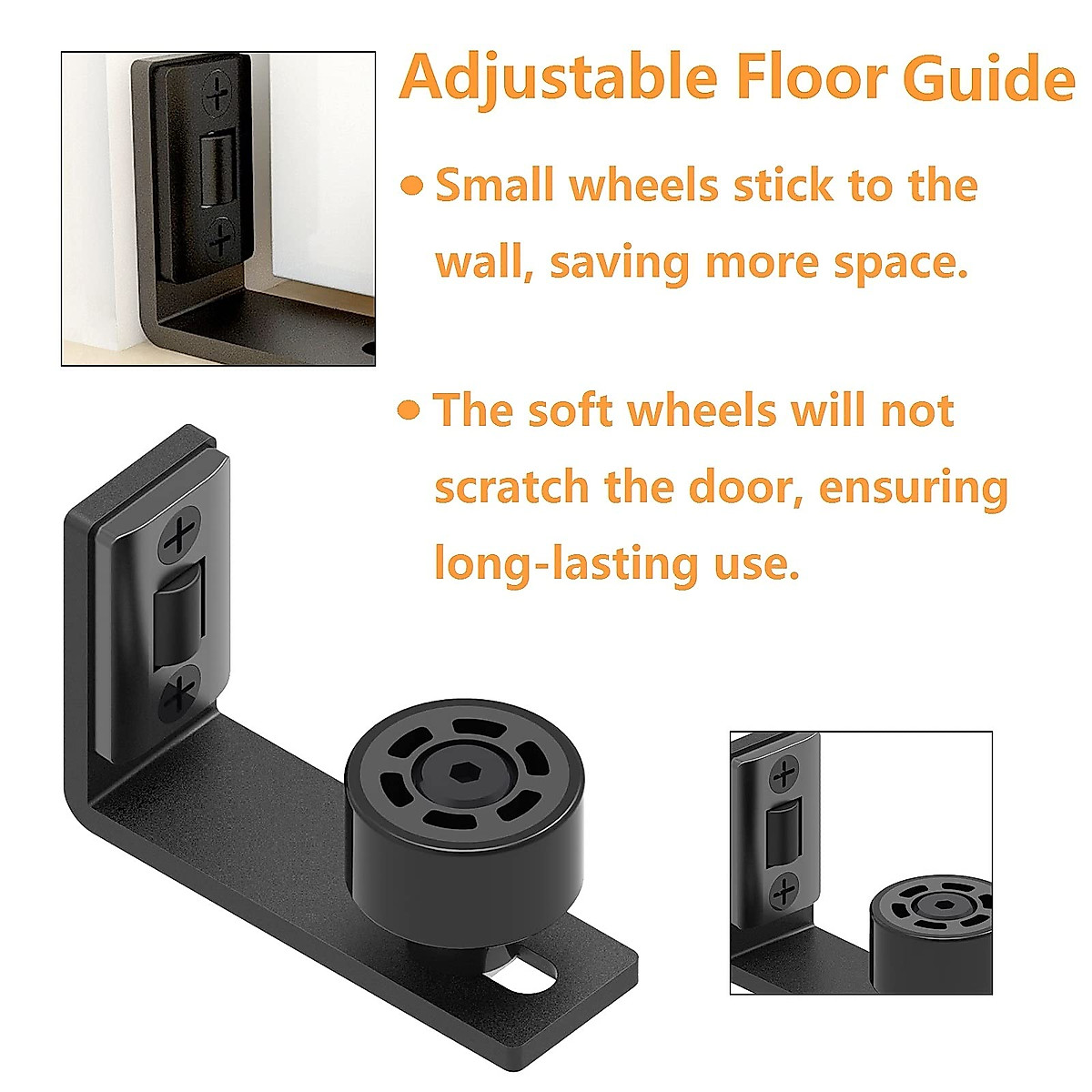 Adjustable Floor Guide for Sliding Barn Door Bottom Roller Wall Mount Double Wheel No Punching Required System, Black 1 Pack, Smoothly and Quietly, Easy to Install