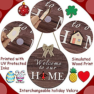 Interchangeable Seasonal Welcome Sign Halloween Front Door Decor Rustic Wood Welcome to Our Home Sign Wall Hanging Porch Decoration for Halloween Christmas Fall Winter Thanksgiving Holiday (Brown)
