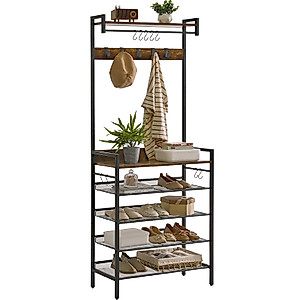 IBUYKE Coat Rack Shoe Rack, 4 in 1 Multi-Function Hall Tree with Slant Adjustable Shoe Storage, 5-Tier Storage Shelf and 9 Hooks Removable, Industrial Accent Furniture for Entryway, UTXJ008H