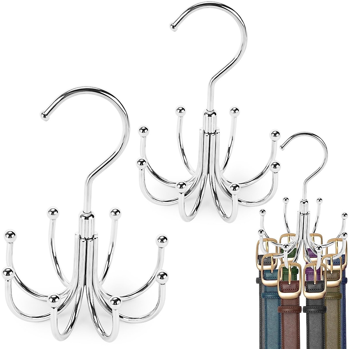 HAKDAY Belt Hangers Silver, Rotatable Belt Rack Closet Organizer,Maximum 48 Storage Capacity,Hanging Holder Storage Hook for Belt,Bra,Tank Top,Tie,Scarf,Purse(Silver，2pcs)