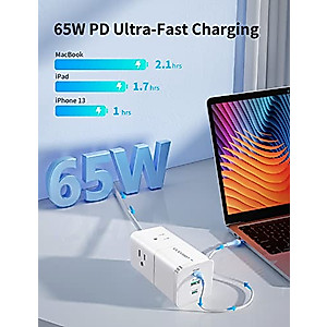 ELEGRP Travel Power Strip with 65W USB C, 3 Outlets 3 USB(2 USB-C), 5ft Extension Cord with 3 Widely Spaced Outlets, 65W USB C Fast Charging Compatible with MacBook, Travel Hotel Cruise Essentials