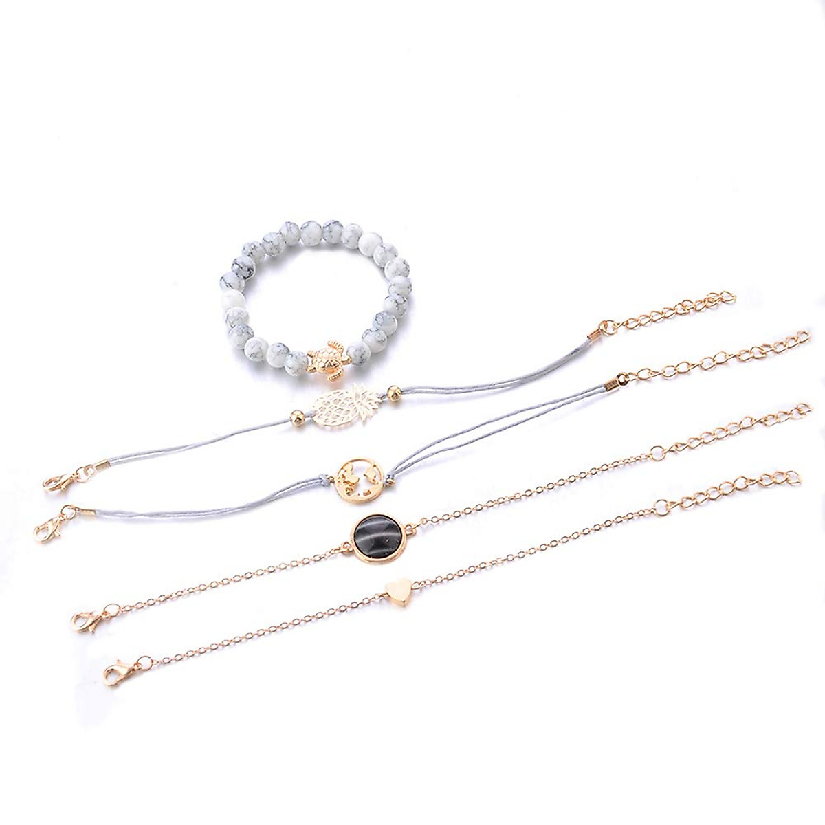 VONRU Beaded Bracelets for Women - Adjustable Charm Pendent Stack Bracelets For Women Friendship Gift Rose Quartz Bracelet Links with Pearl Gold Plated 5pcs/Set