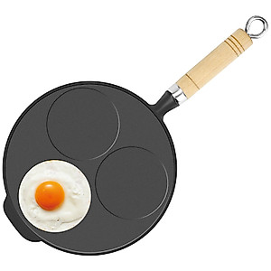 Linkidea Cast Iron 3-Cup Egg Frying Pan, Suitable for Gas Stove & Induction Cooker, Egg Skillet for Breakfast, Long Lasting, Easy Flipping, Healthy Uncoated Egg Cooker with Wooden Handle