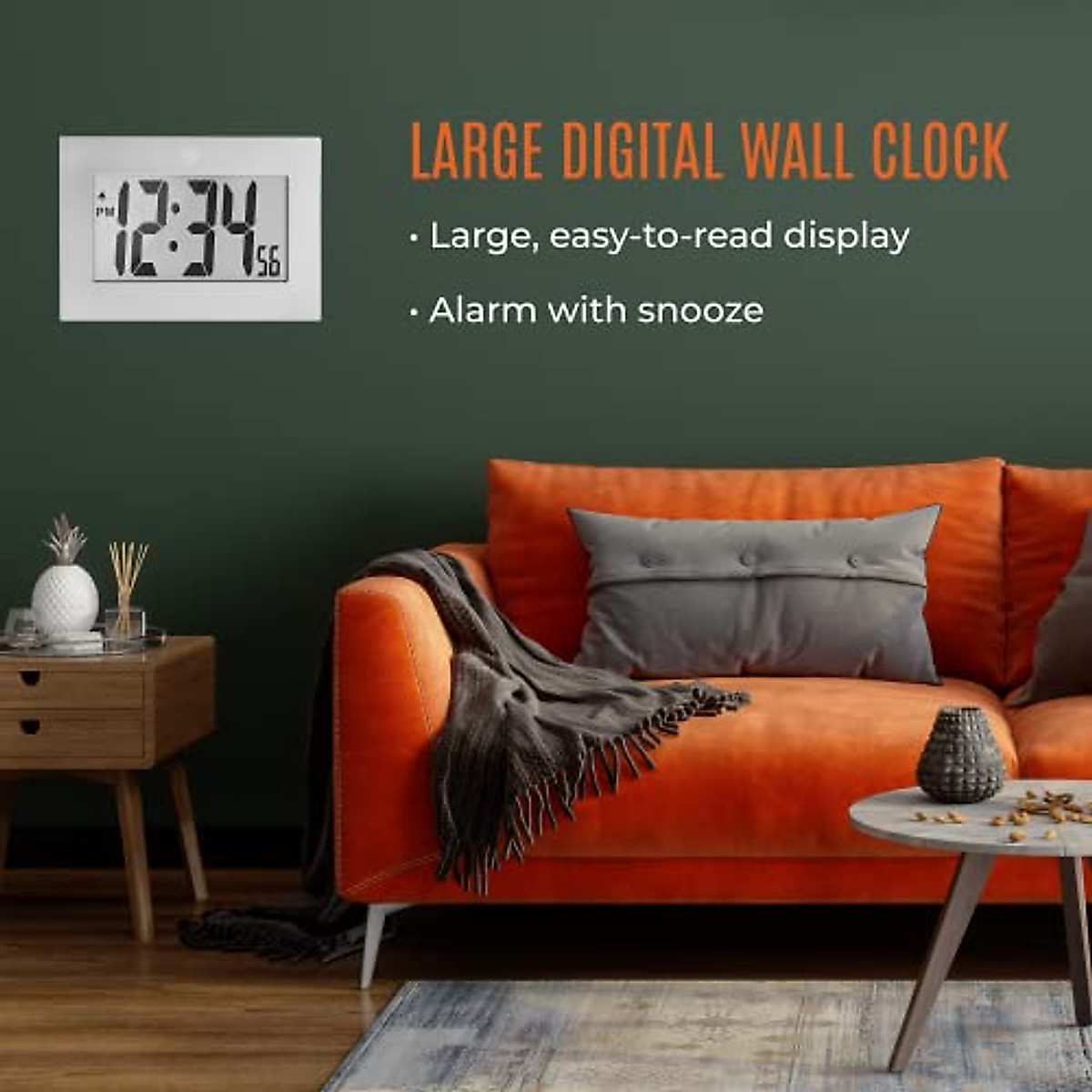 MARATHON Large Digital Wall Clock with 8” Display, Graphite Gray - Easy to Read