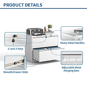 Yukimo Lateral File Cabinet with Lock, Metal File Cabinets for Home Office Legal/Letter A4 Size, File Cabinet with 2 Drawer Storage Cabinet, White
