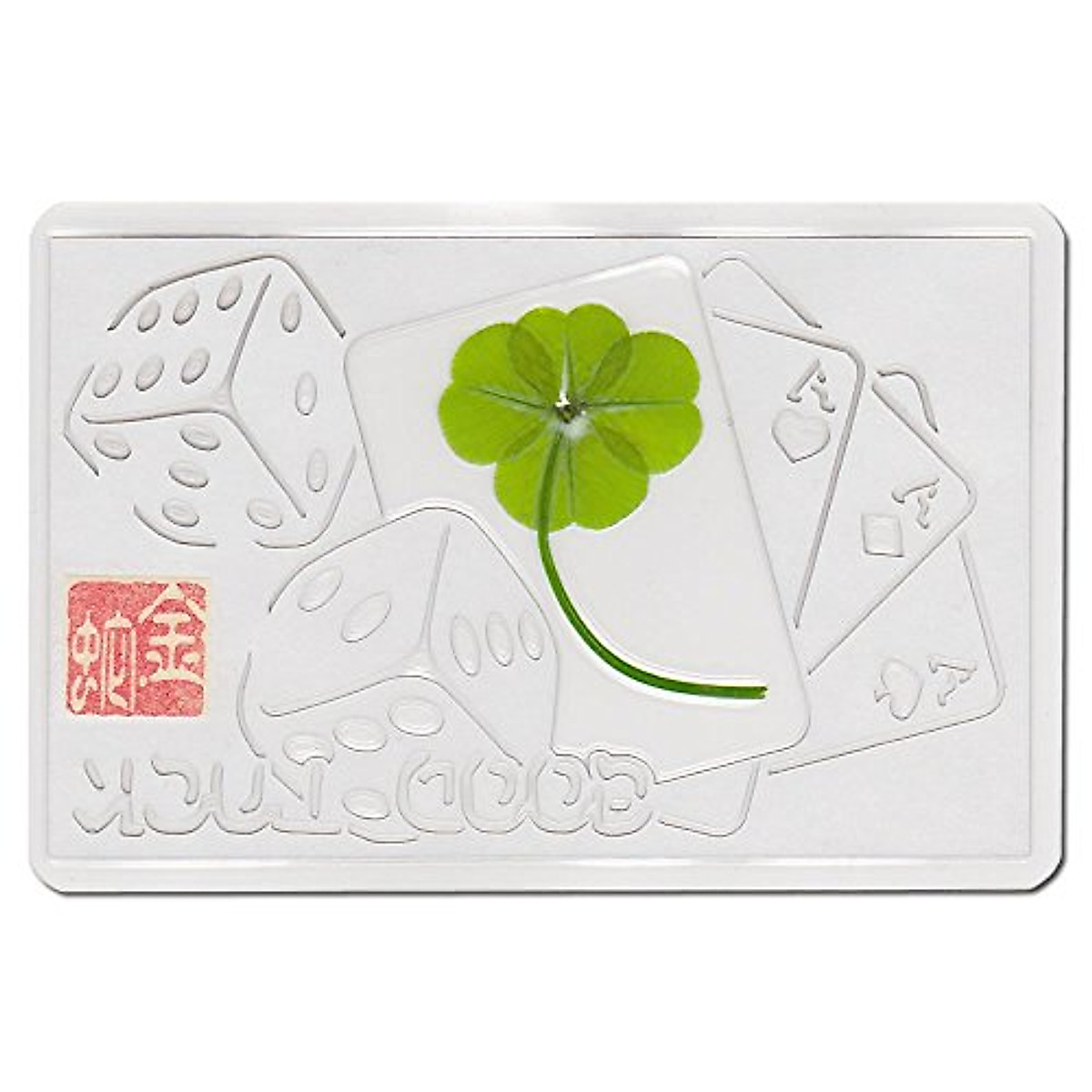 KIN-HEBI Real Four Leaf Clover, Preserved, Laminated Card, Gold Version, Cutting Picture “Good Luck & Cards Dices”, 3.54” x 2.36”