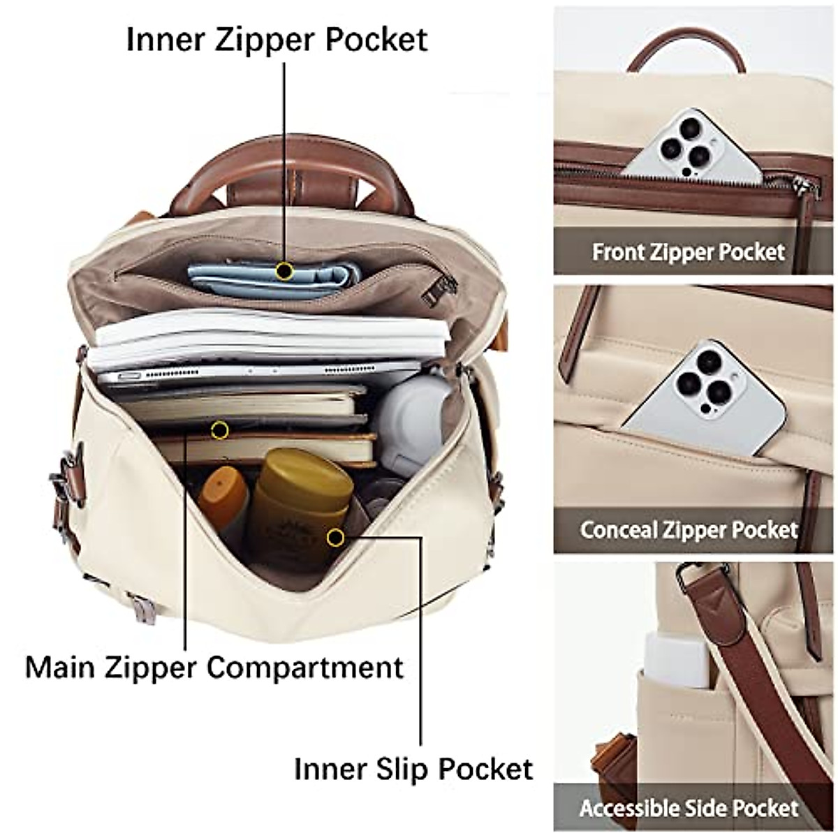 BOSTANTEN Leather Backpack Purse for Women Fashion Designer Shoulder Bag Convertible Travel Backpack Purses Beige-brown