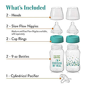 Evenflo Feeding Balance + Wide Neck Printed Bottles, 9oz 2pk, with Pacifier